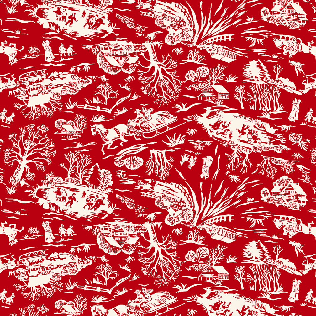 Winter in Snowtown * Red Winter Scene Toile | 1226-88 – Buttermilk Basin